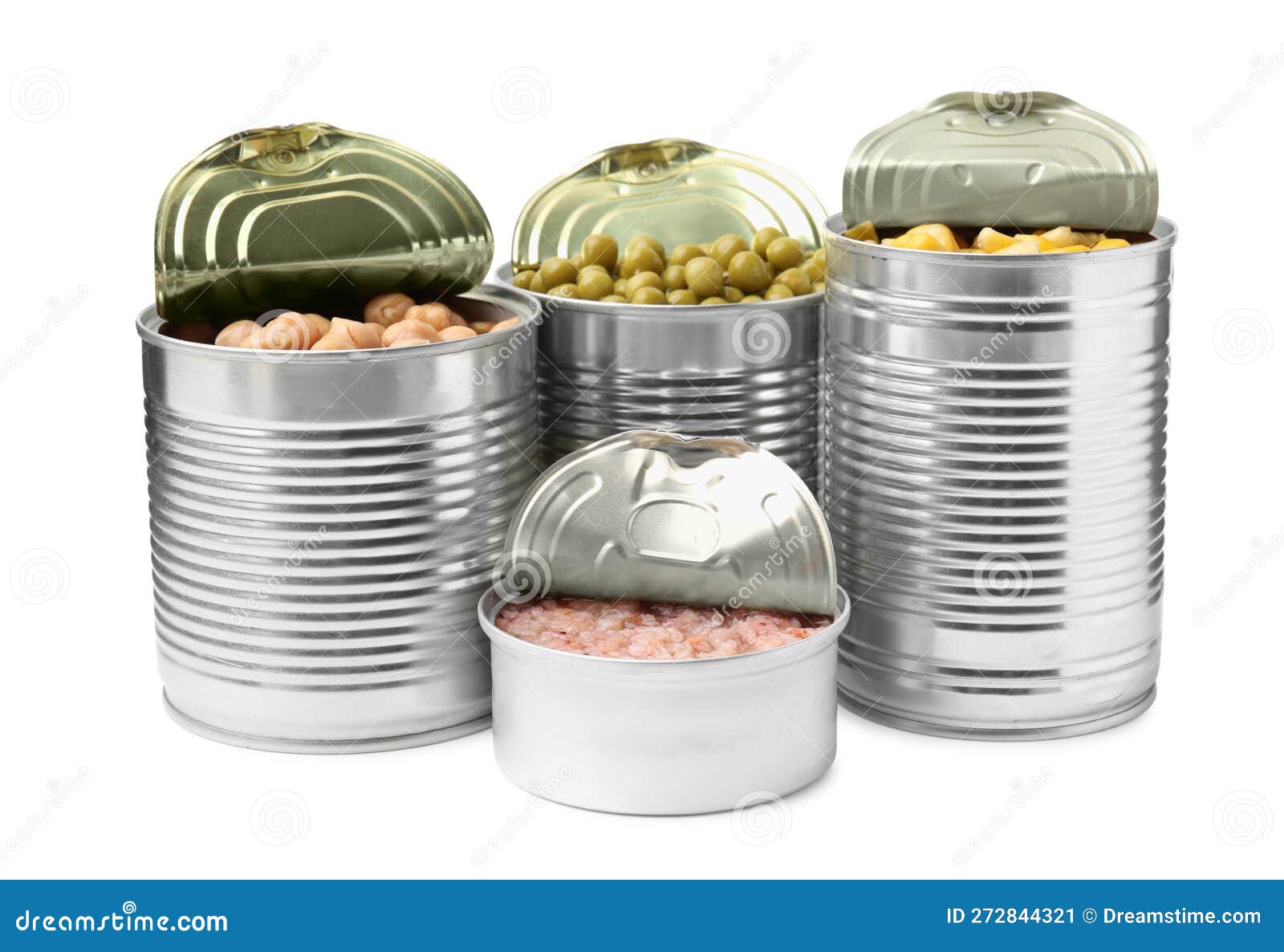 Open Tin Cans with Different Products on White Background Stock Image ...