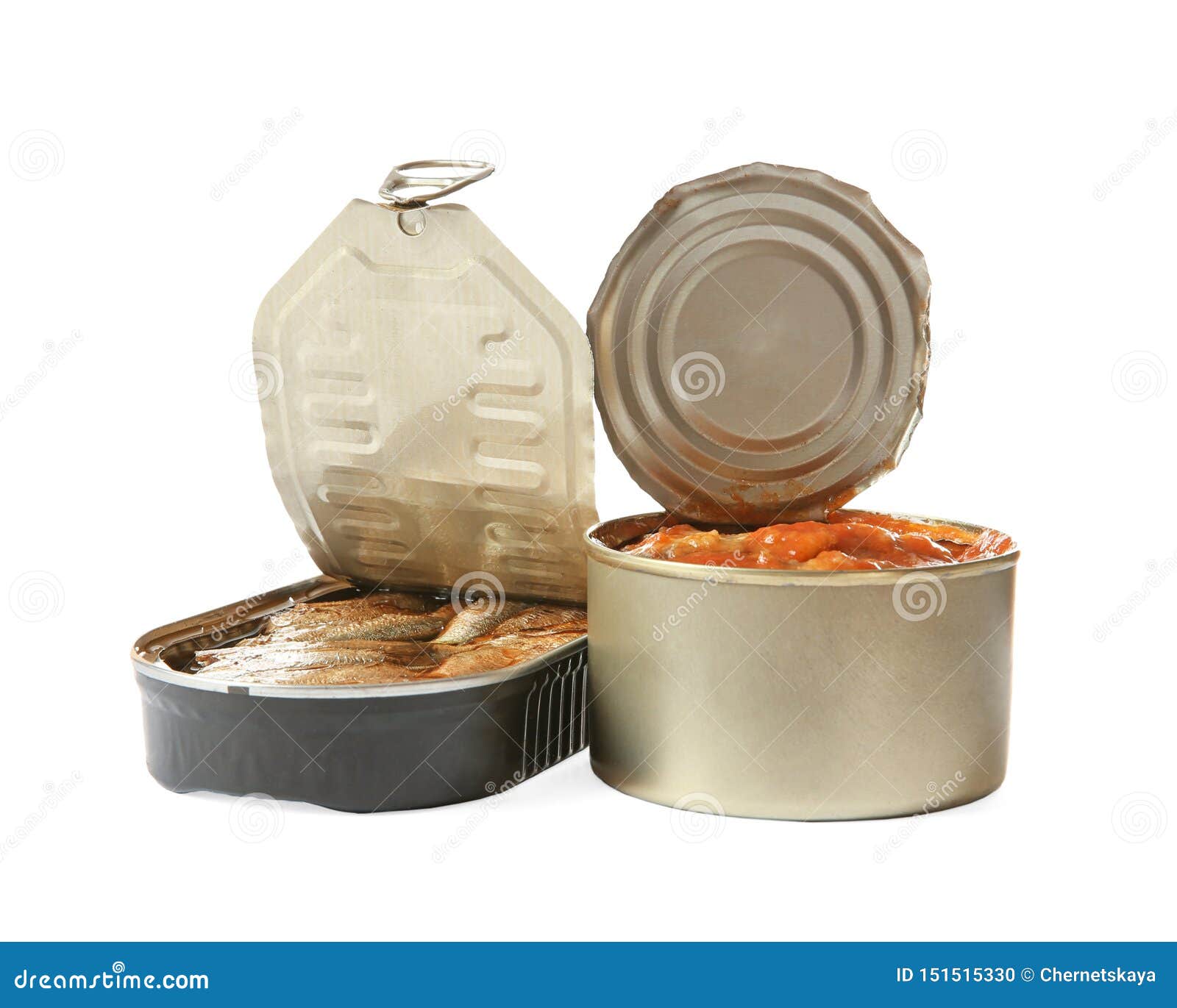 Open Tin Cans of Fish in Tomato Sauce and Sprats on White Stock Photo ...