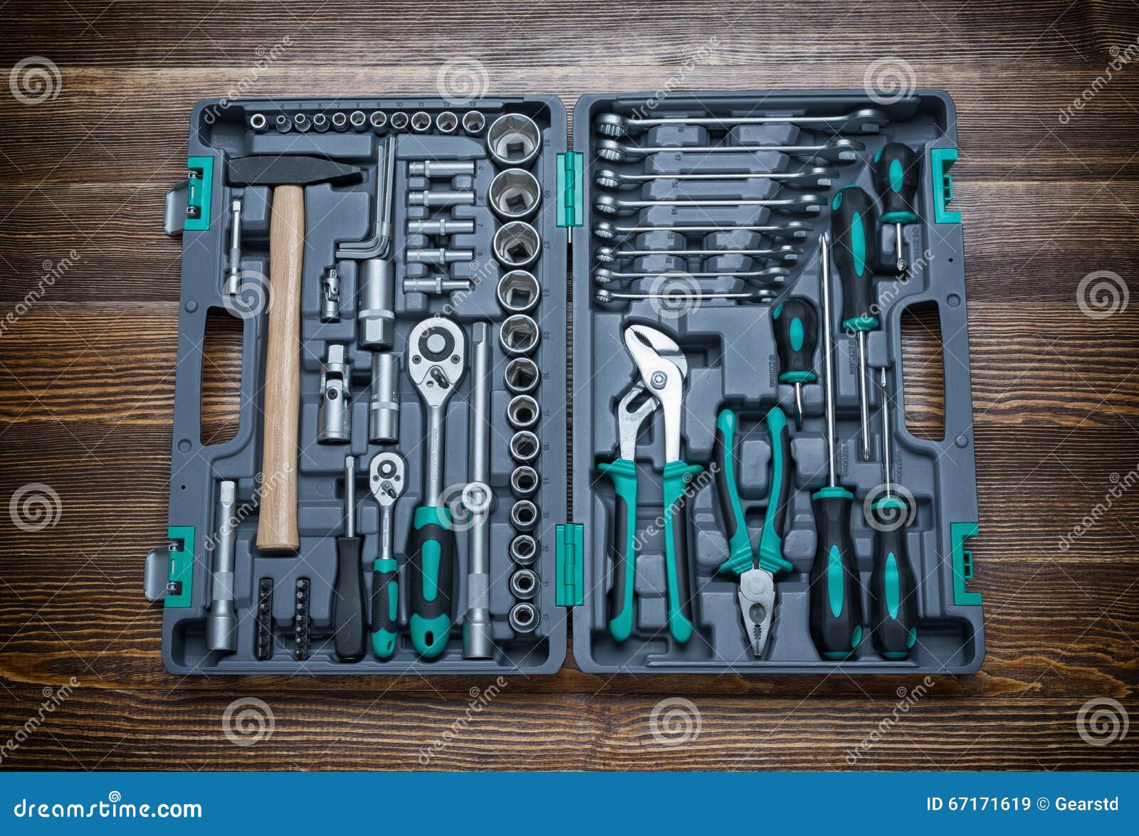 Open Toolbox with Different Instruments on Wooden Workbench Stock Image ...