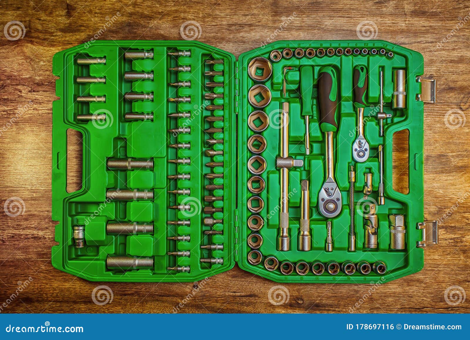 Open Toolbox with Different Instruments on Wooden Workbench. Stock ...