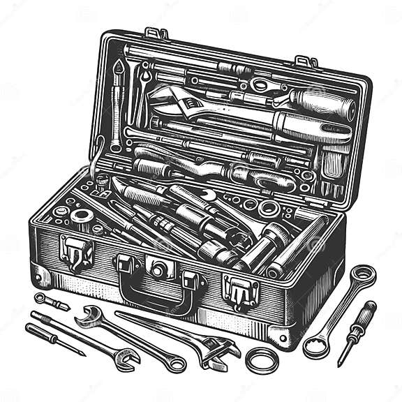 Open Toolbox Engraving Sketch Vector Illustration Stock Illustration ...