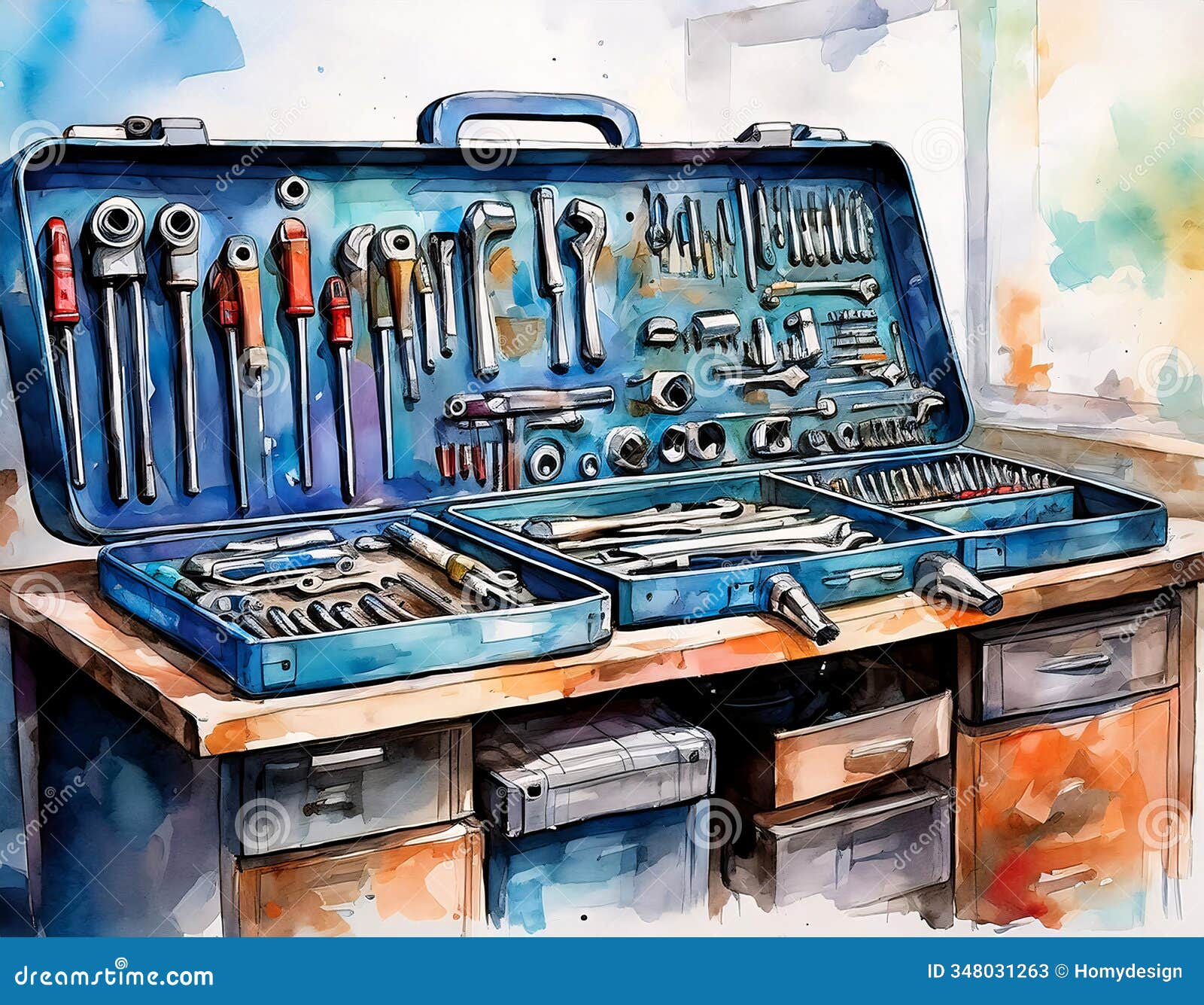 An Open Toolbox Filled with Various Tools and Supplies, Painted in a ...