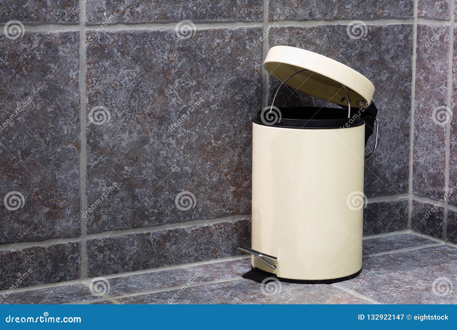 Open trash bin in bathroom stock image. Image of tiles - 132922147