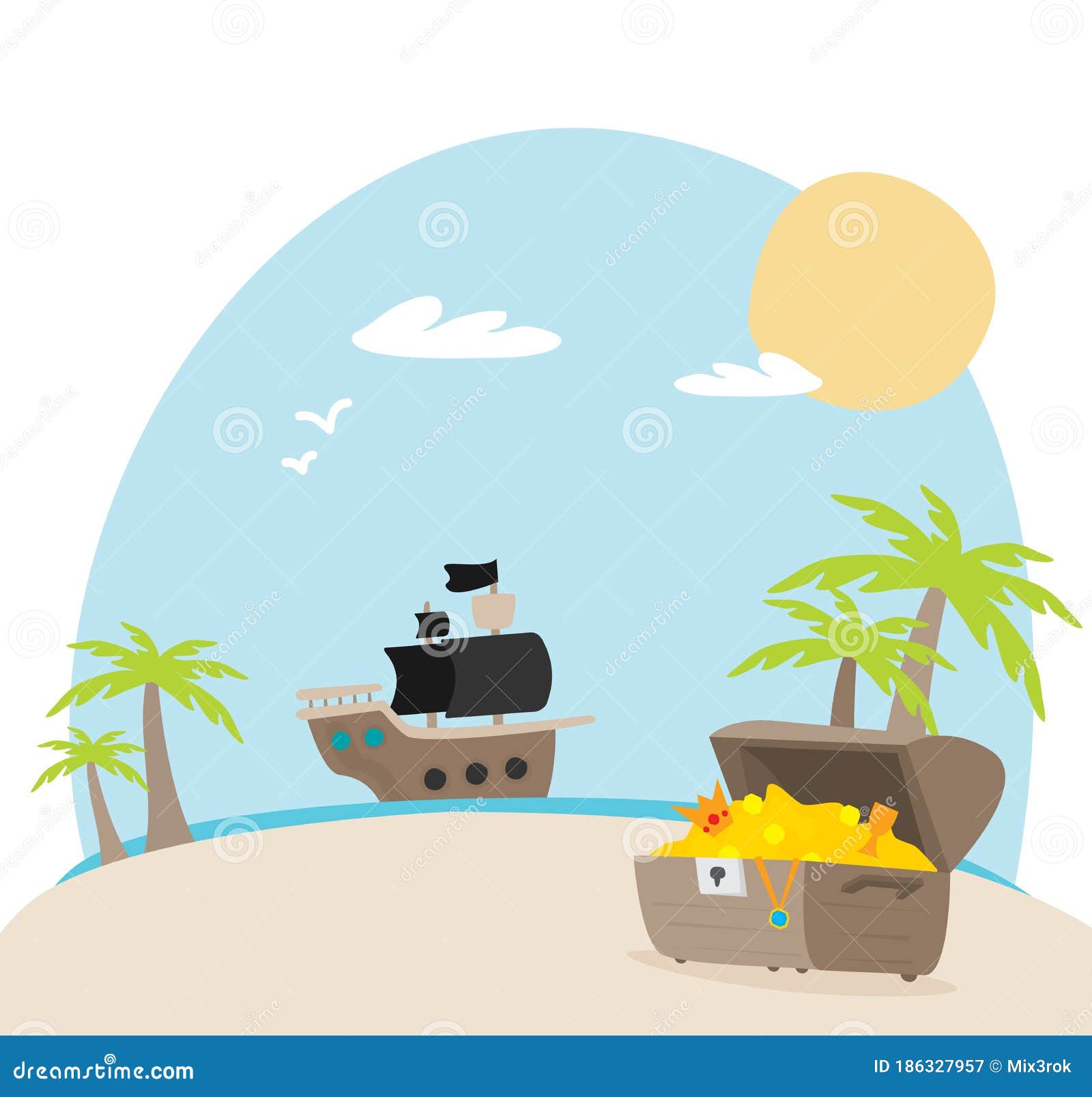 Open Treasure Chest and Pirates Stuff on a Desert Island Flat Design ...