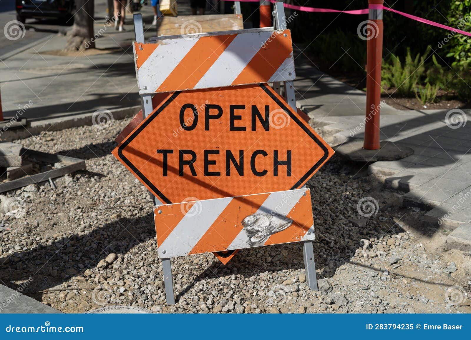 Open Trench Sign on a Sidewalk Stock Image - Image of vehicle, wood ...