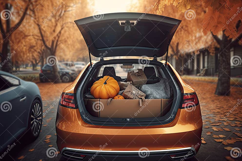Open Trunk with Boxes and Purchases, Autumn Warm Day Stock Illustration ...