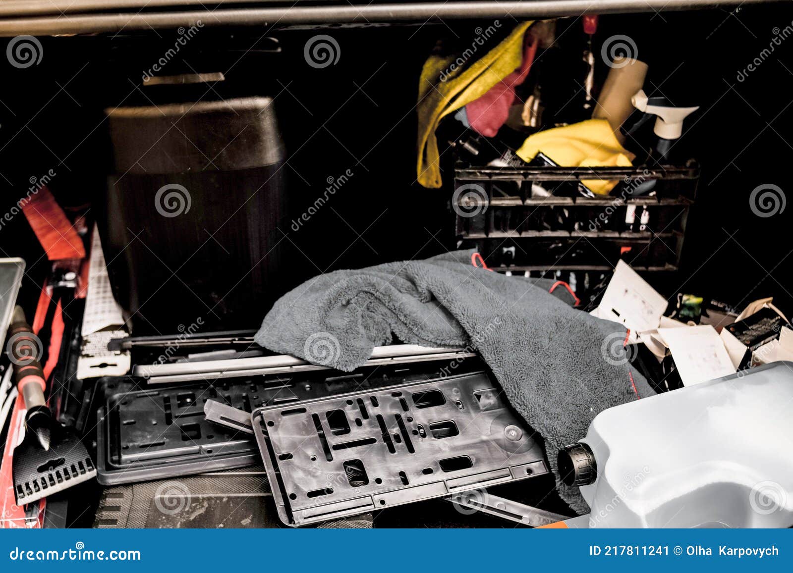 Open Trunk of a Car in Which a Mess.Tools and Debris in the Trunk Stock ...