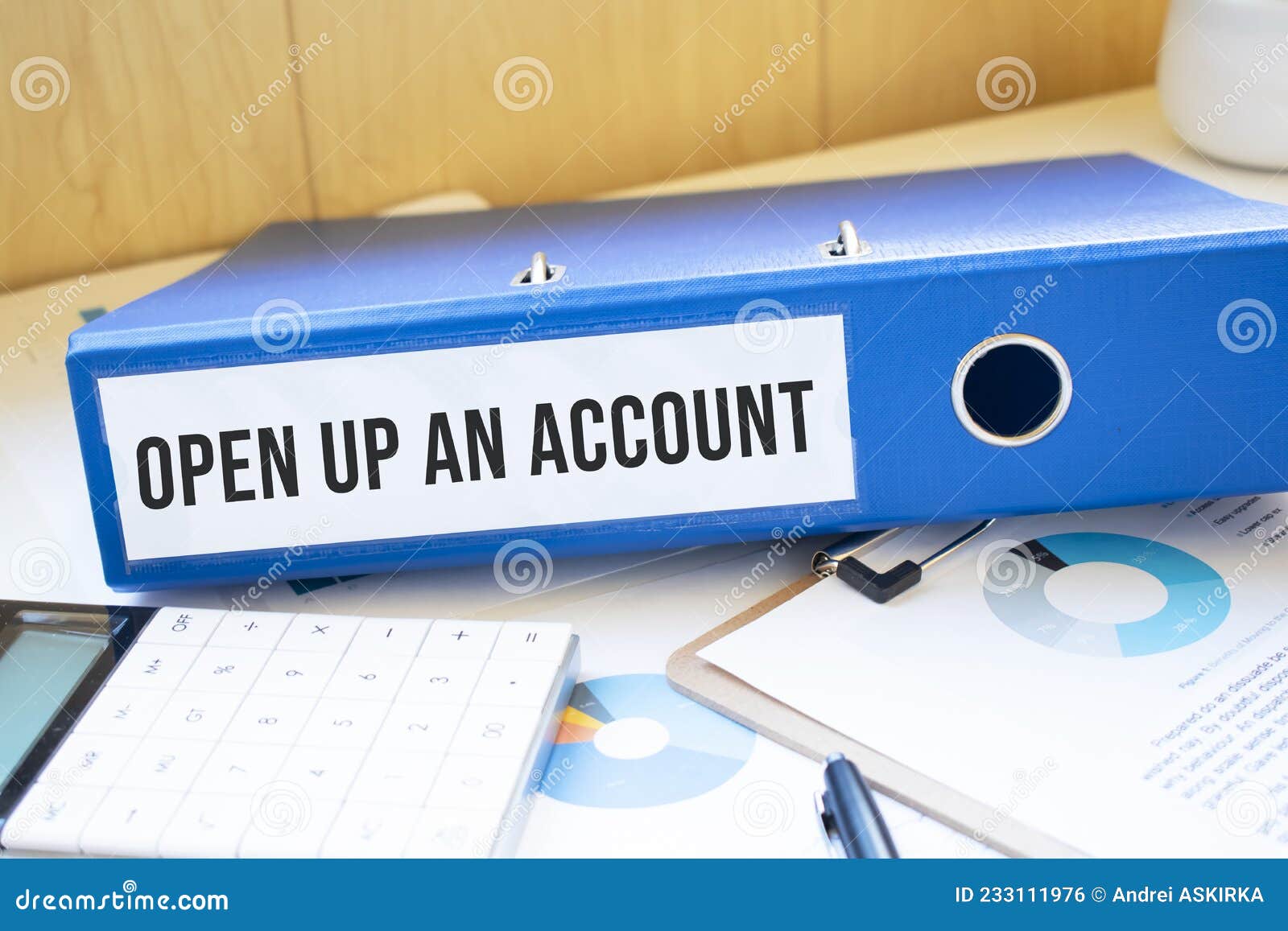 OPEN UP an ACCOUNT Words on Labels with Document Binders Stock Photo ...