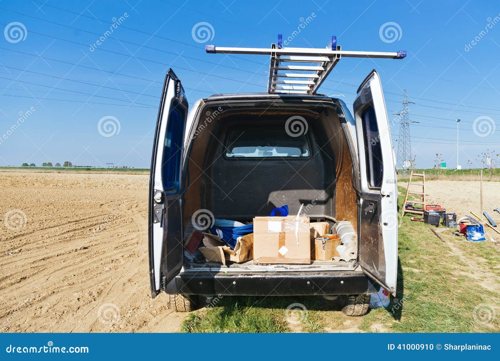 Open Van with Ladder on Top. Stock Photo - Image of pickup, door: 41000910