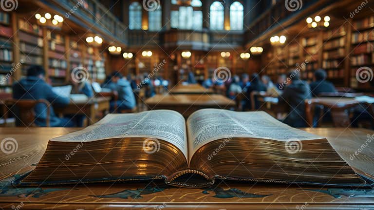 Open Vintage Book in an Old Library with Blurred Figures in the Background, Representing ...