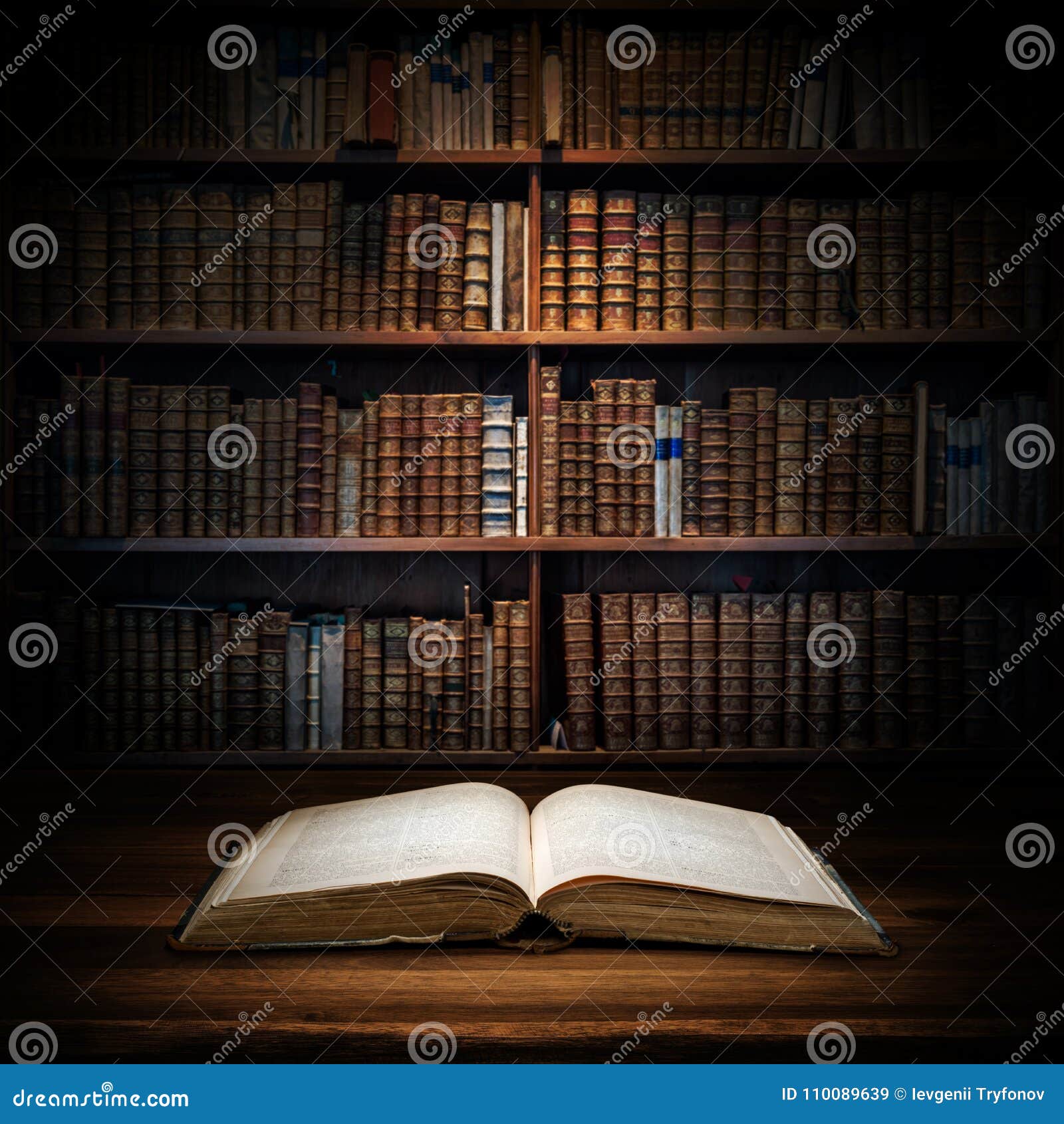 Open Old Book On A Bookshelf Background. Selective Focus. Stock Image ...