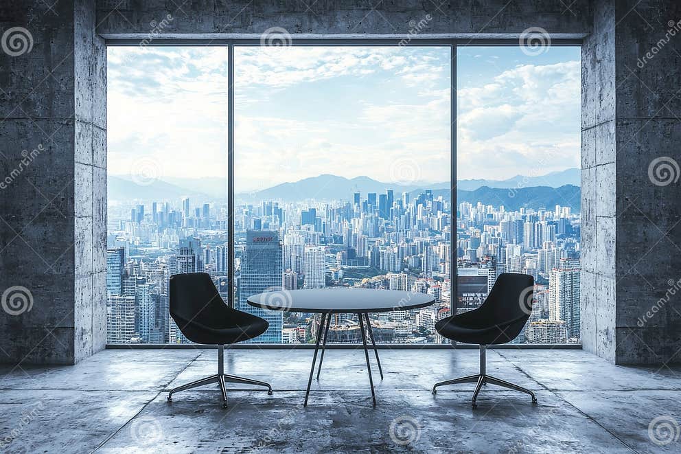 An Open Waiting Area with Two Chairs and a Table in Front of Large ...