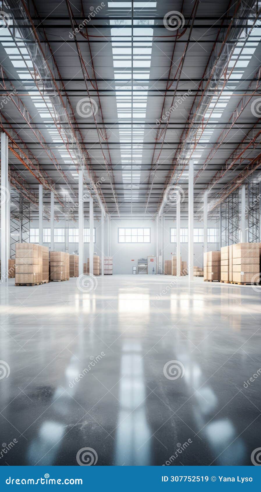 Open Warehouse Environment with Rows of Pallets Under Skylights ...