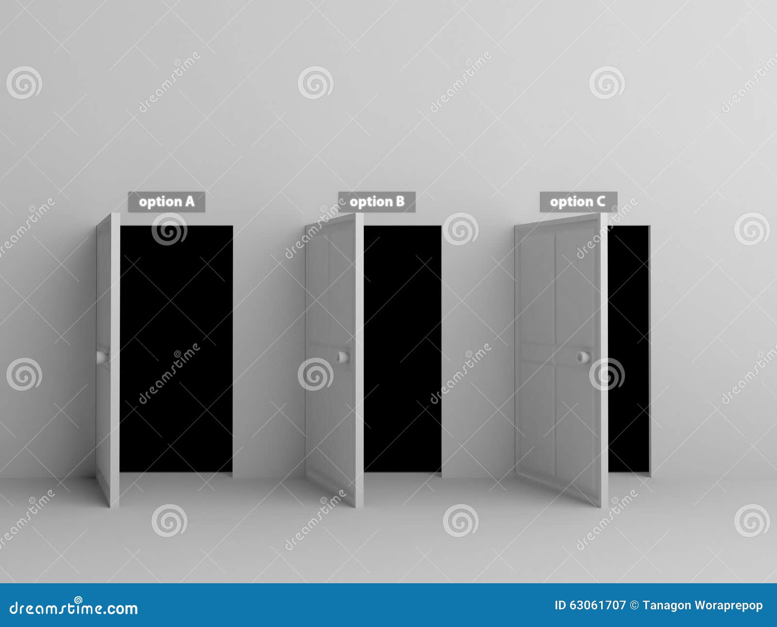 3 Open White Doors with 3 Options Stock Illustration - Illustration of ...