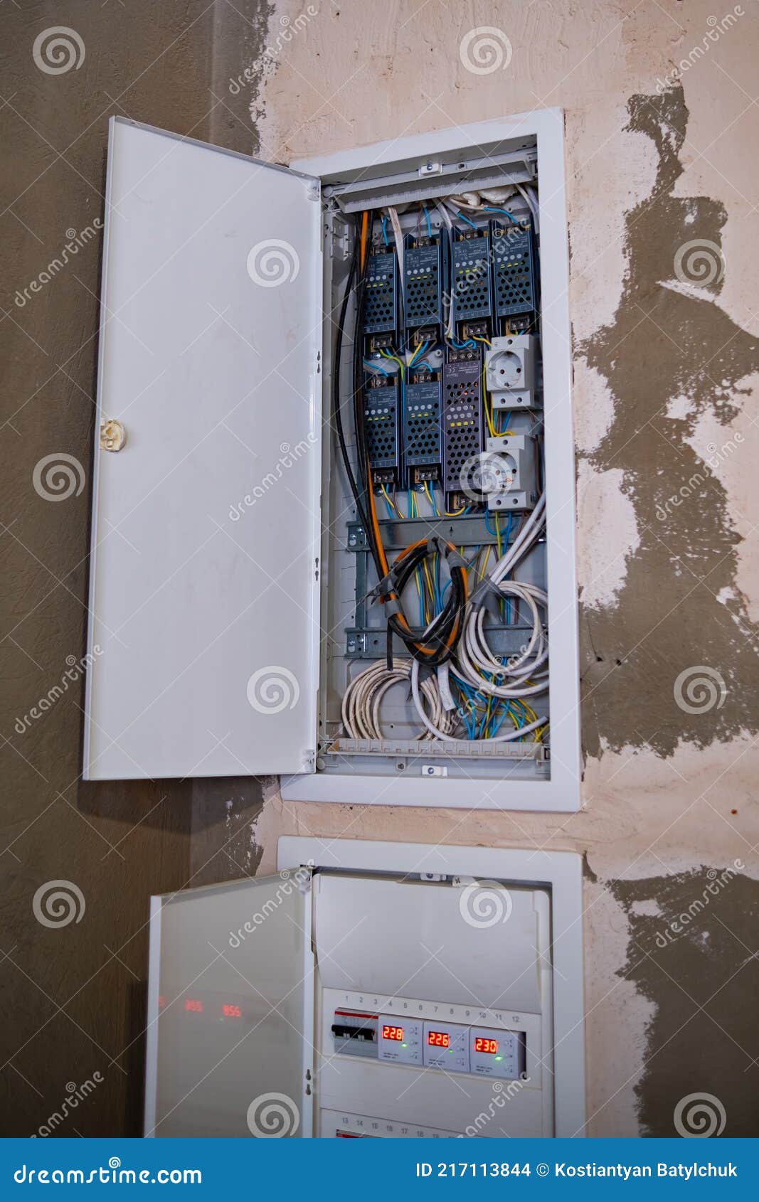 Open White Electrical Panel with Different Wires. the Danger Stock ...