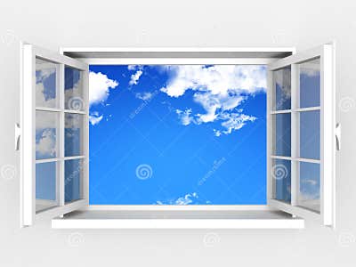 Open Window Against a White Wall and Cloudy Sky Stock Illustration ...