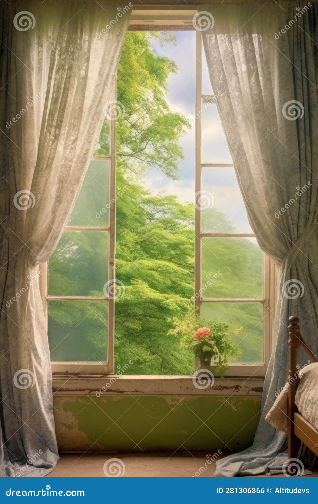 Open Window with Breezy Curtains Overlooking Serene Nature Scene Stock ...