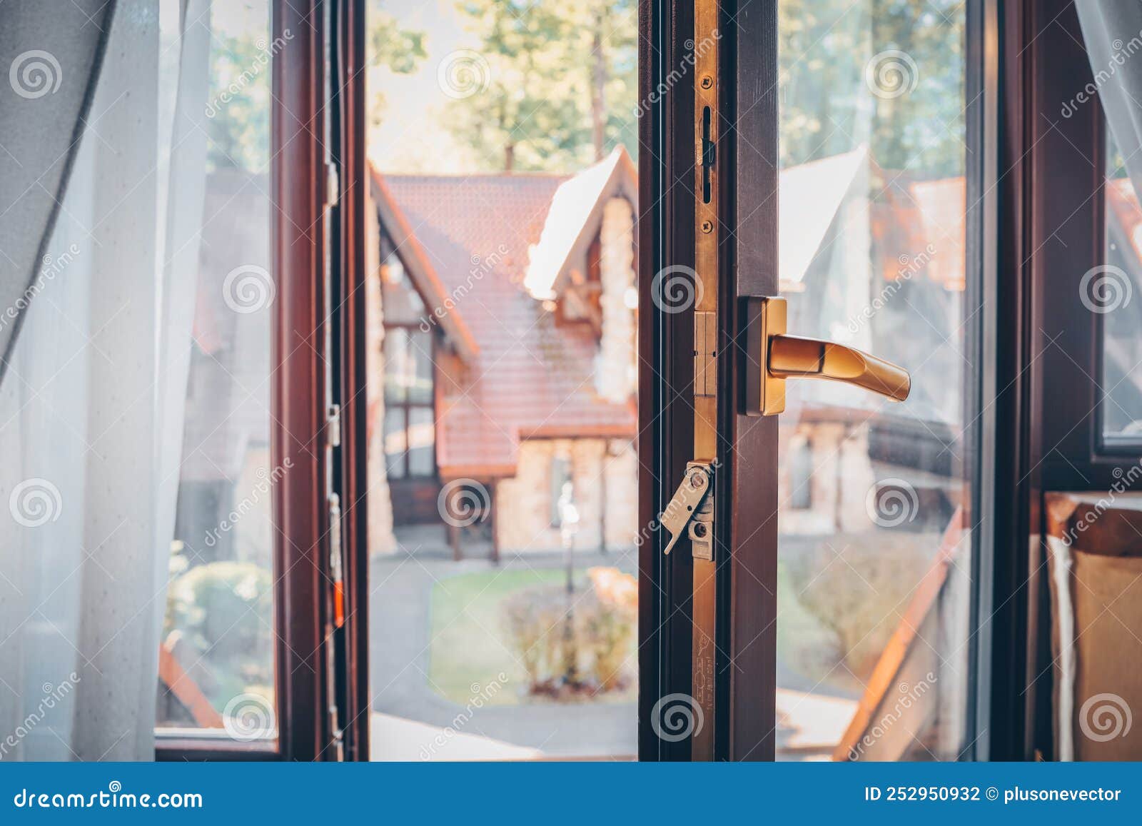 Open Window Close Up. House in Background Stock Photo - Image of handle ...
