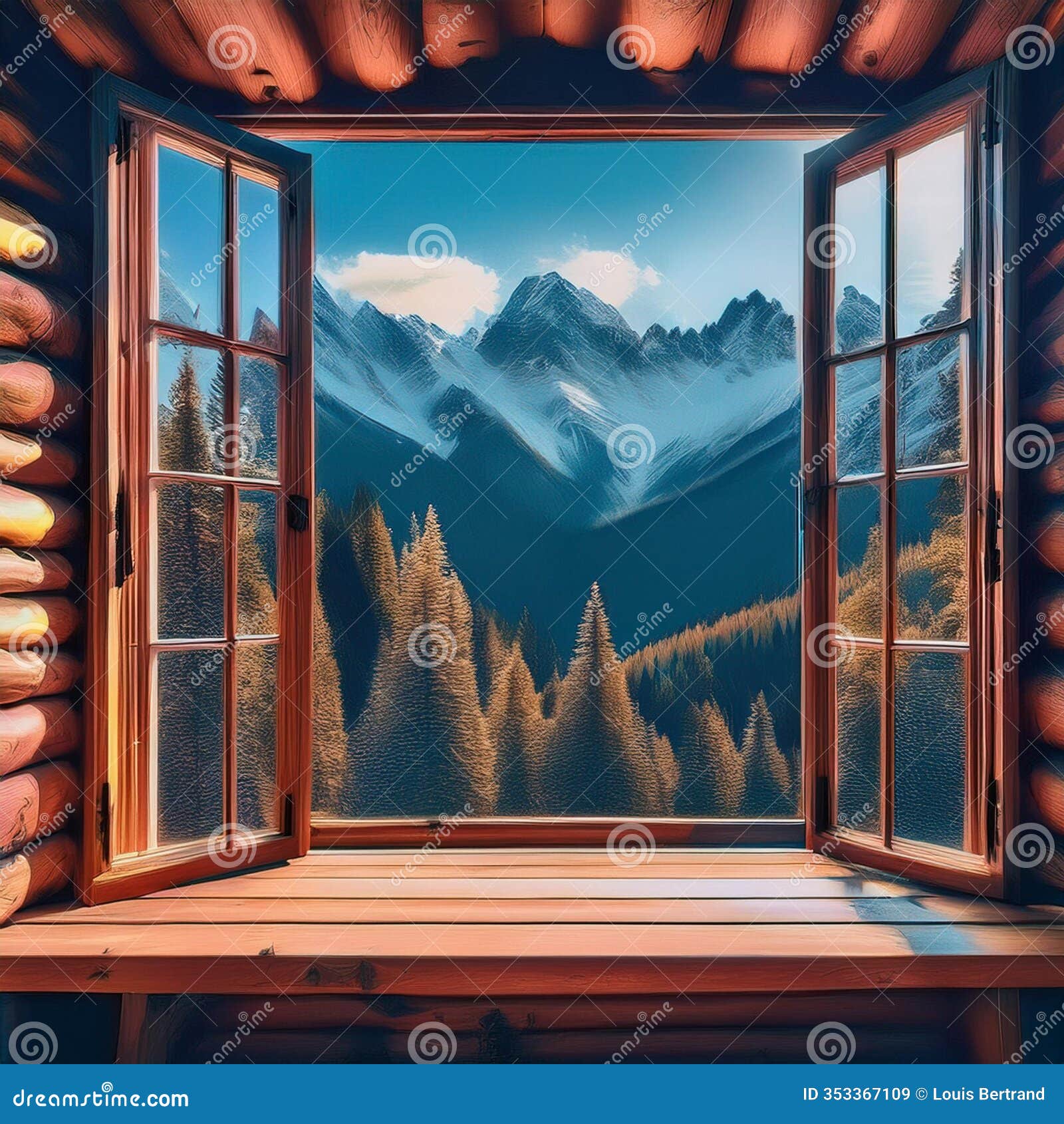 GENERAD IA Open Window in Log Cabin Overlooking Stunning Mountain View ...