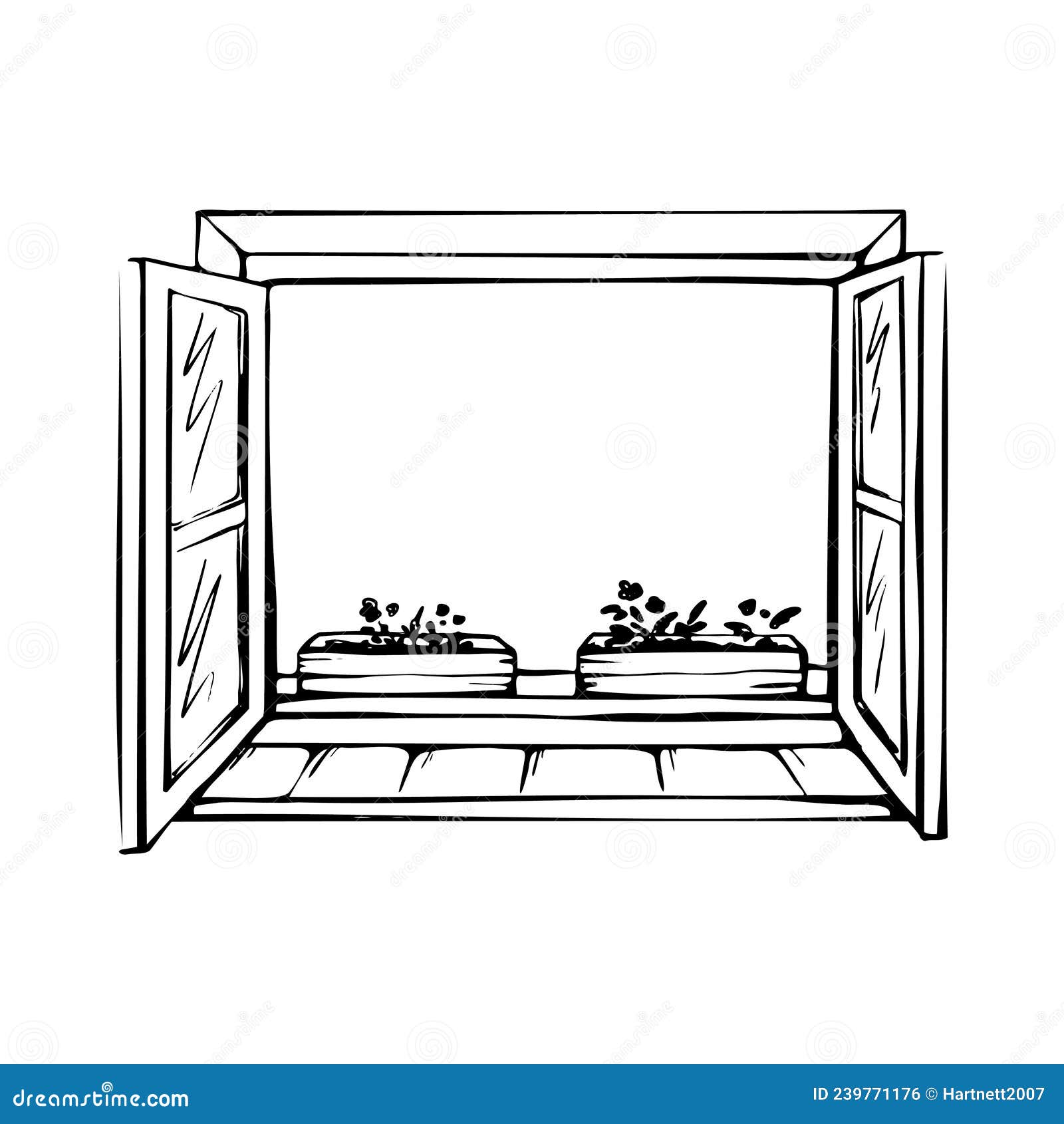 Open Window and Flowers Sketch. Interior of Room from Inside. Vector ...