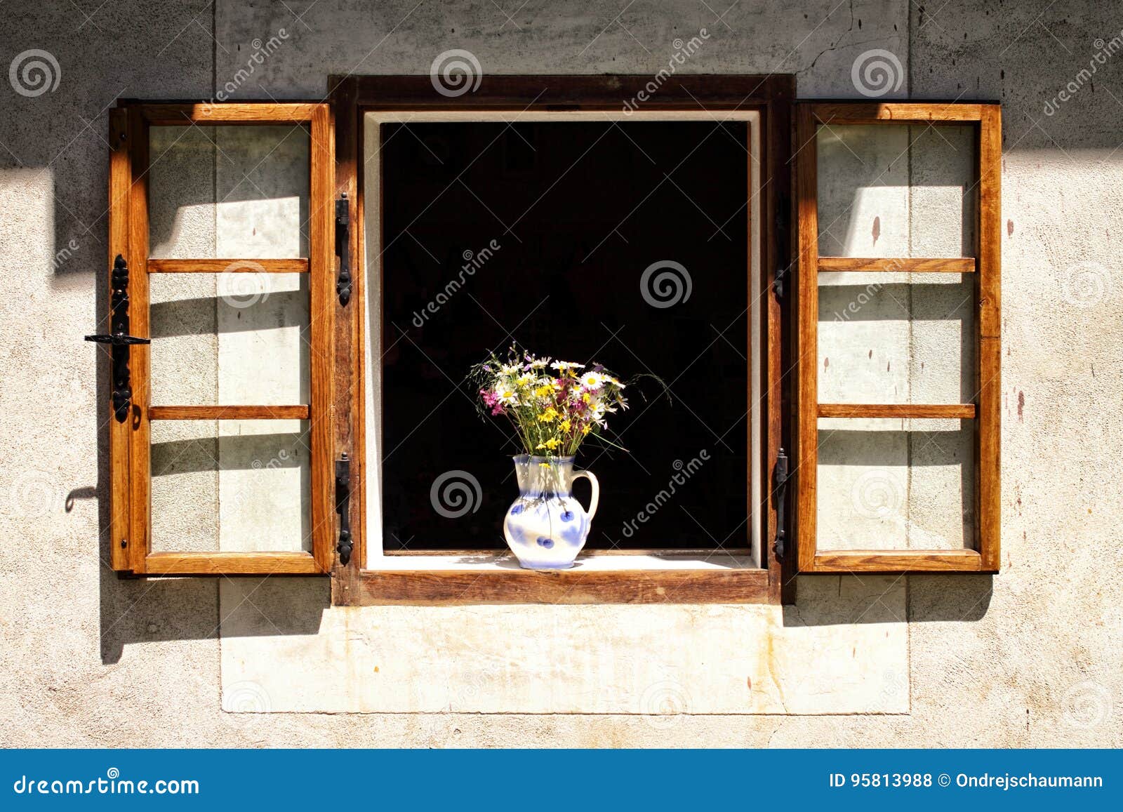Open Window Frame with the Bouquet of Meadow Flowers Stock Photo ...