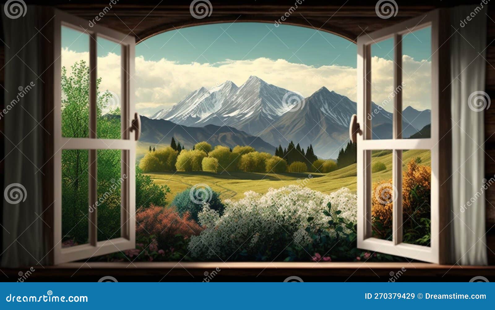 Open Window with a Landscape in the Background Stock Illustration ...
