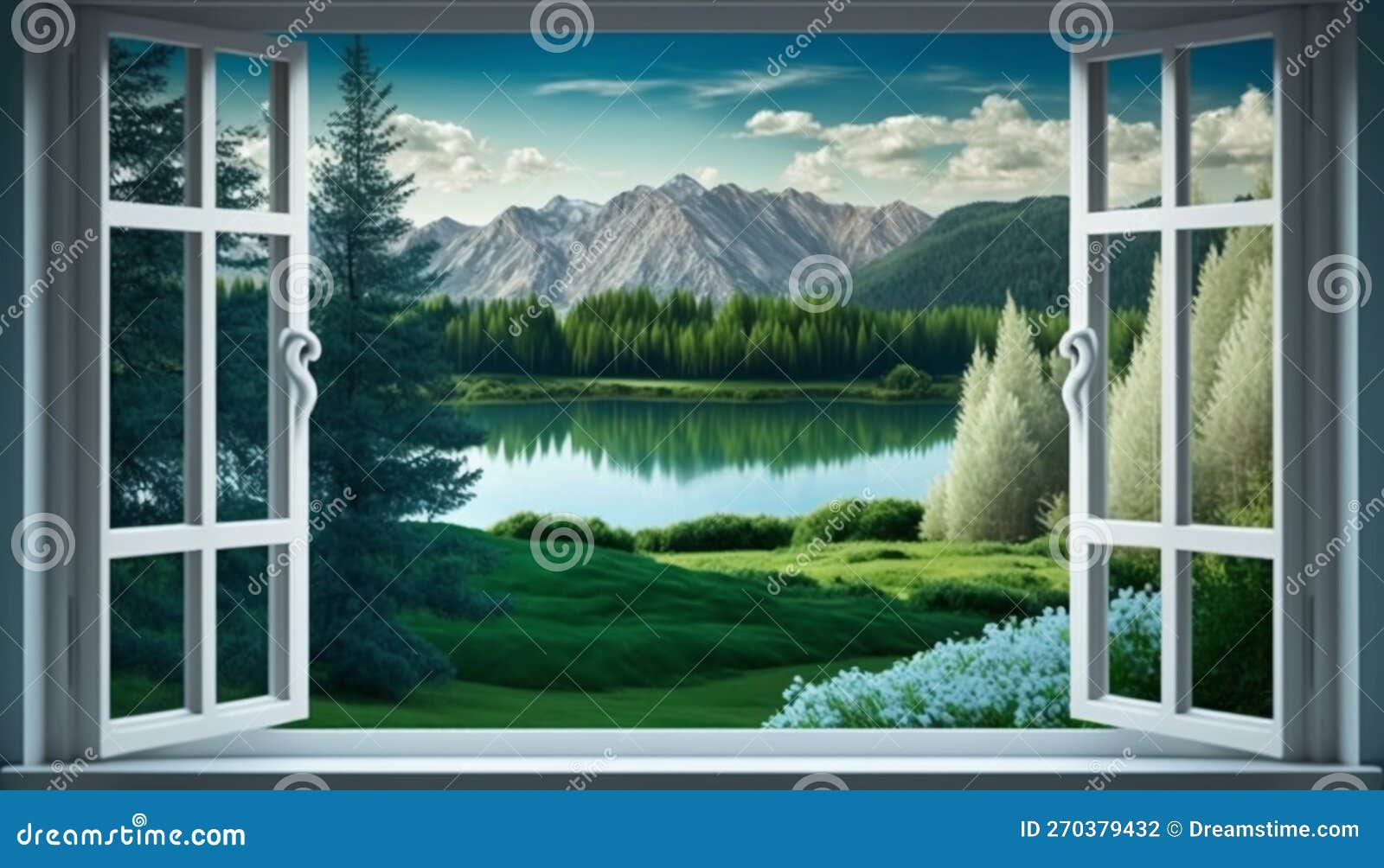 Open Window with a Landscape in the Background Stock Illustration ...