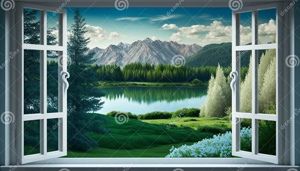 Open Window with a Landscape in the Background Stock Illustration ...