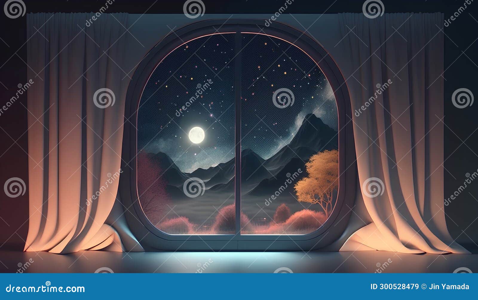 Open Window with Landscape View and Moonlight at Night, 3d Render Stock ...