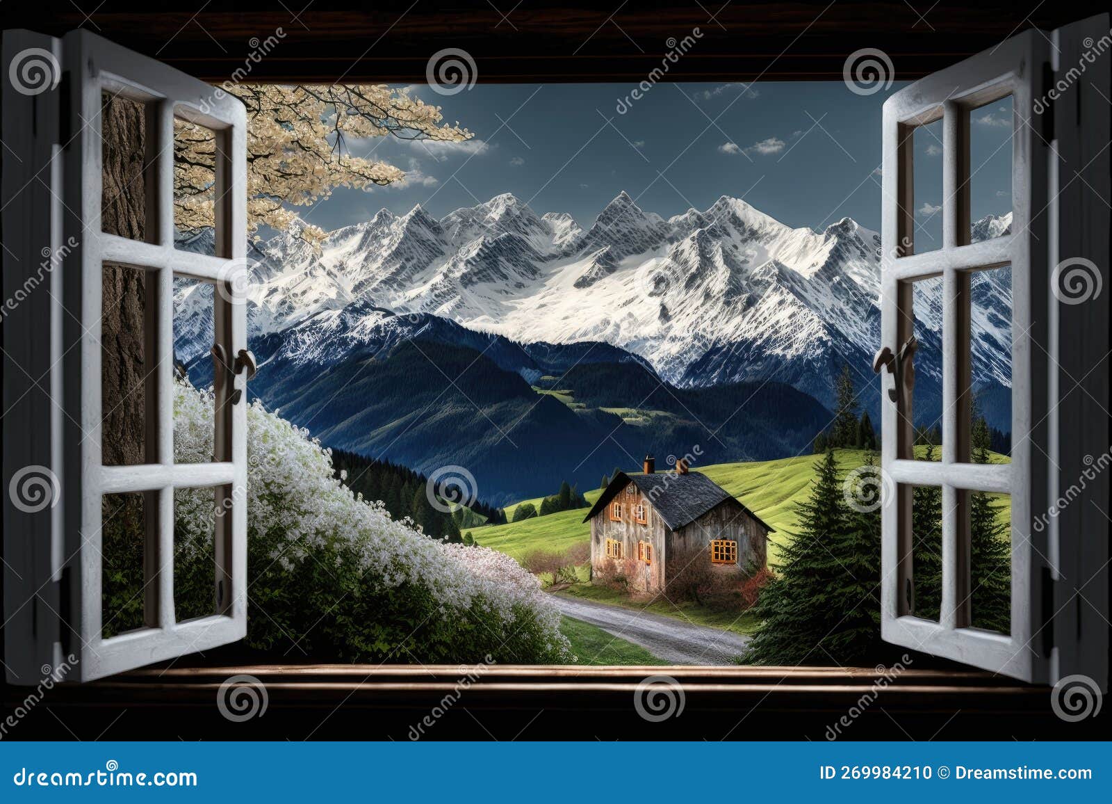 Open Window with Mountain View, Spring Day with Blossoming Trees ...