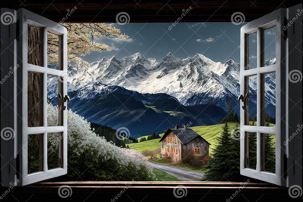 Open Window with Mountain View, Spring Day with Blossoming Trees ...