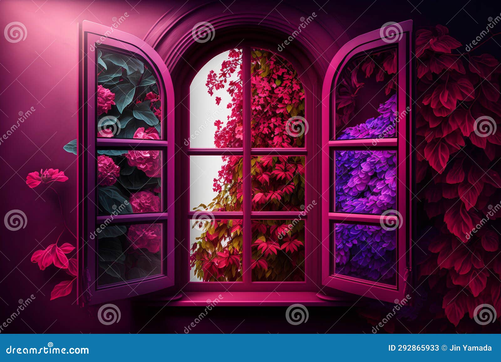 Open Window with Pink Wall and Purple Leaves. 3D Illustration Stock ...