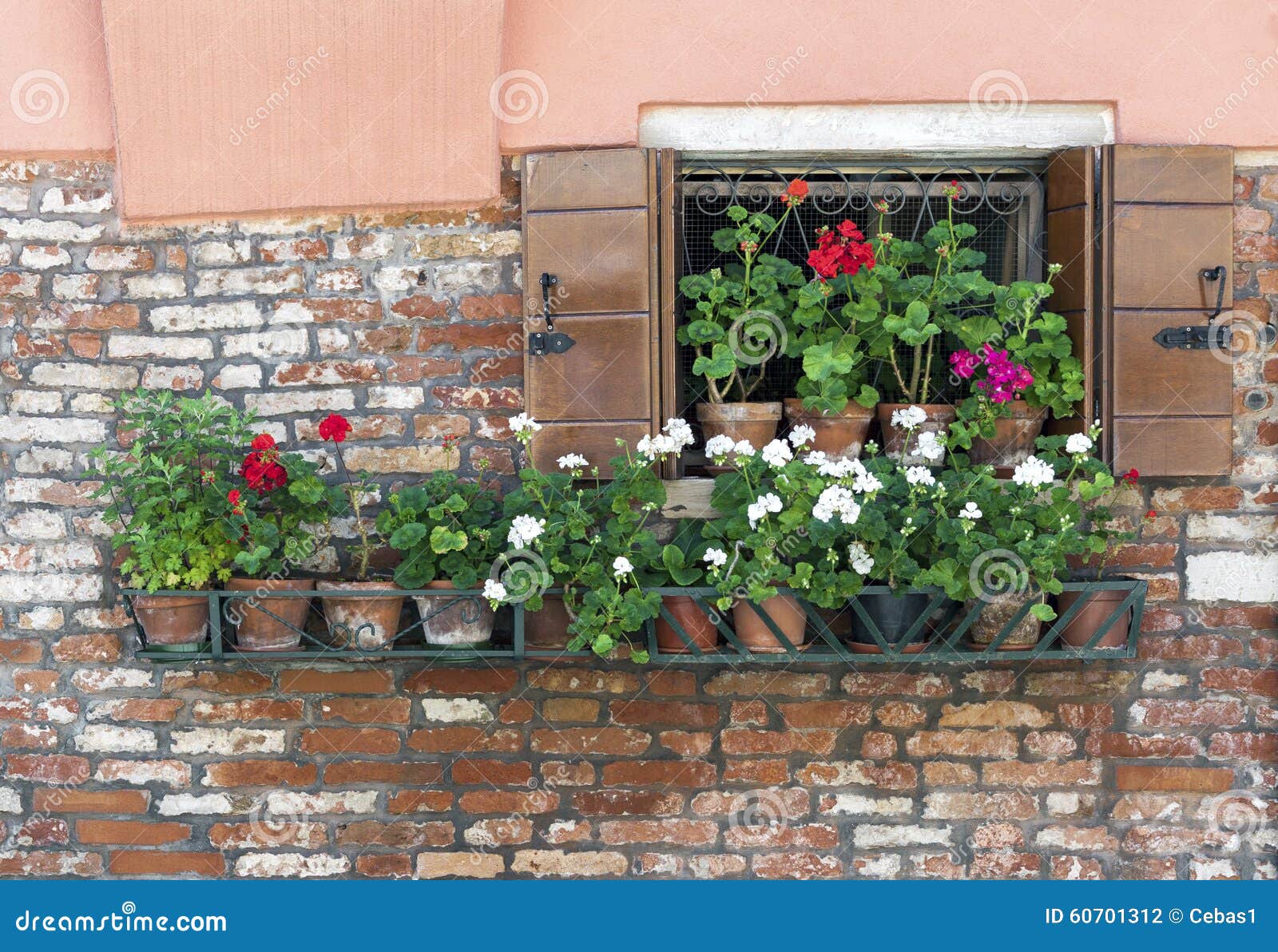 Open Window with a Row of Flower Pots Stock Photo - Image of blossom ...