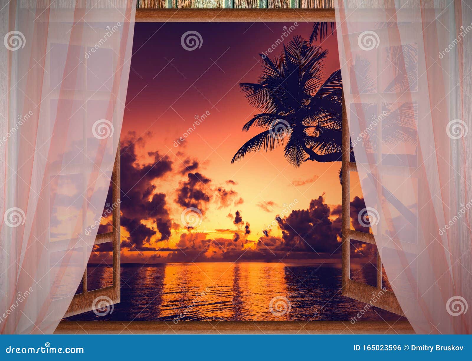 Open Window with Sea Sunset View Stock Photo - Image of blue, glass ...