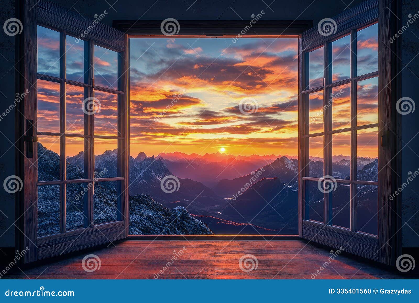An Open Window with a View of the Beautiful Sunset on a Mountains Stock ...