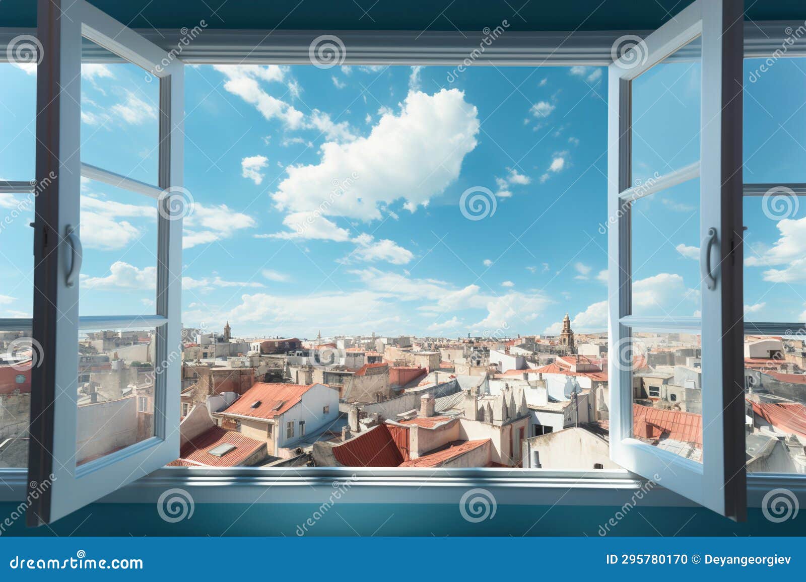 An Open Window with a View of a City at the Morning. Wake Up Concept ...