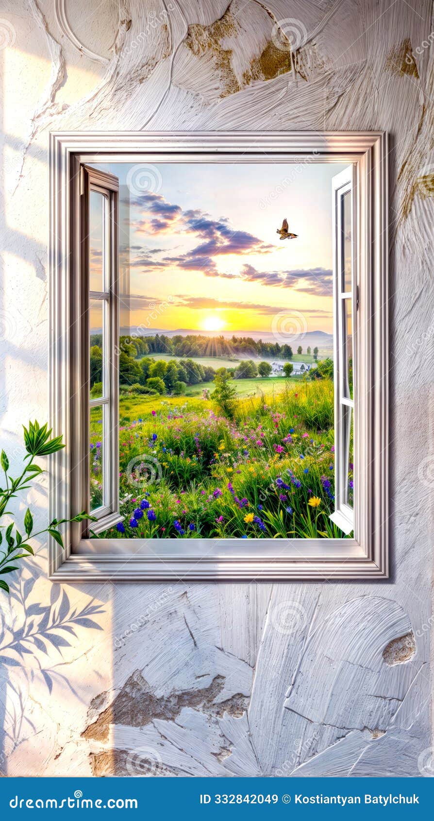 Open Window with View of Field and Bird Flying in the Sky. AI. Stock ...
