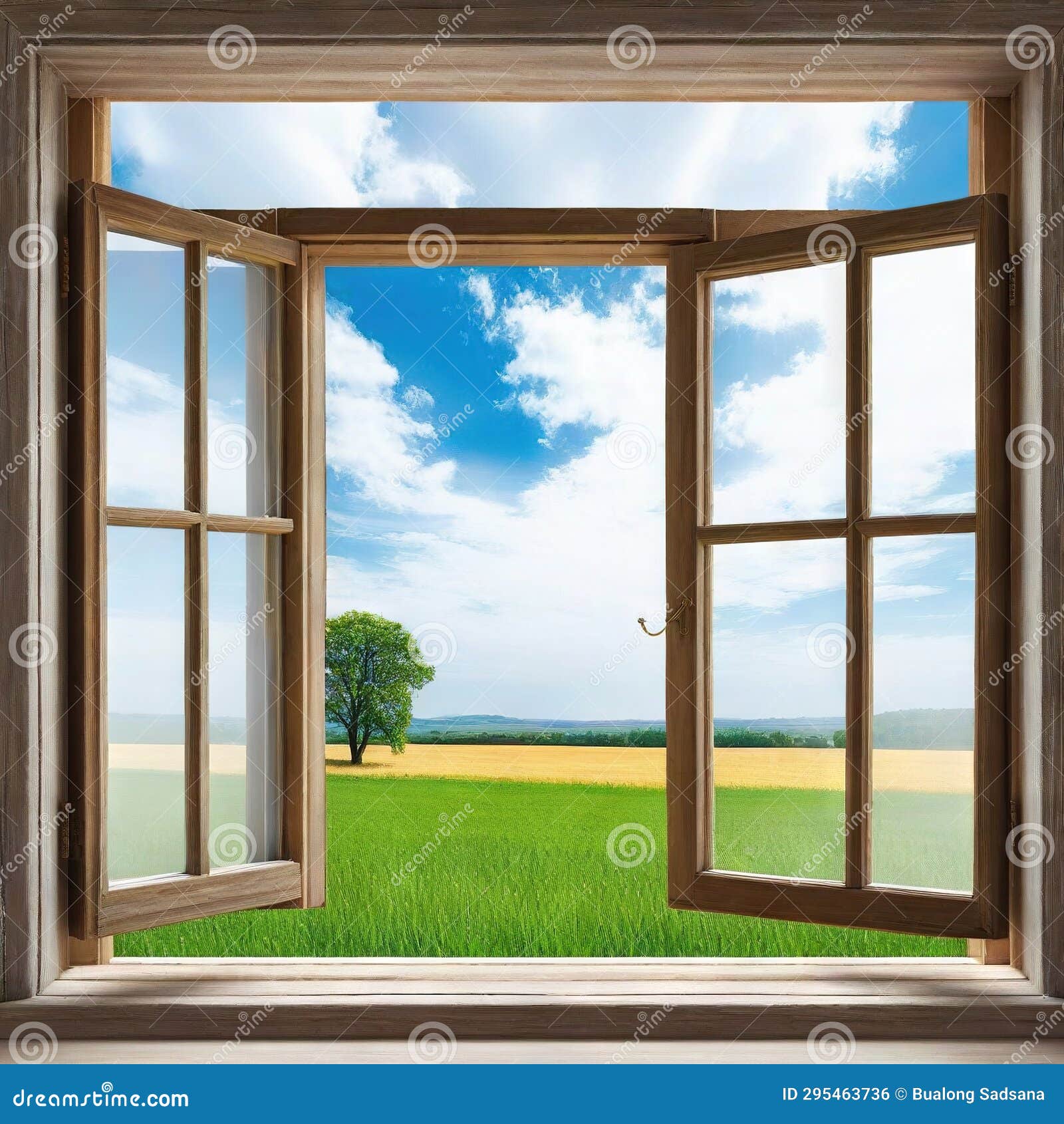 An Open Window with a View of a Field and Stock Illustration ...