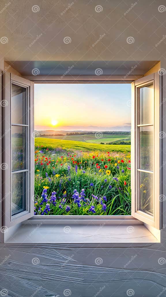 Open Window with View of Field of Wildflowers and Sunset. AI. Stock ...
