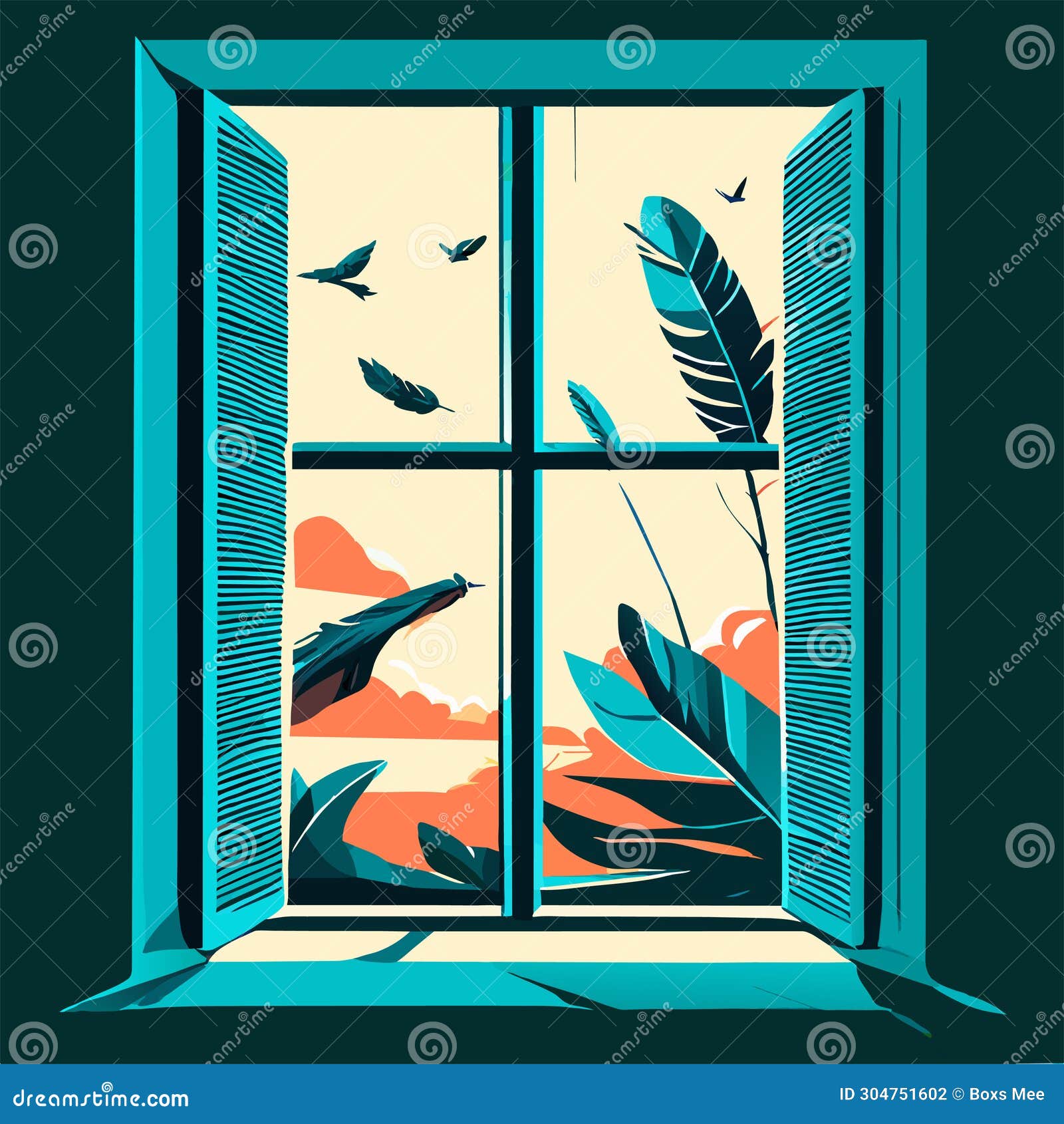 Open Window with a View of the Nature and Birds. Vector Illustration ...