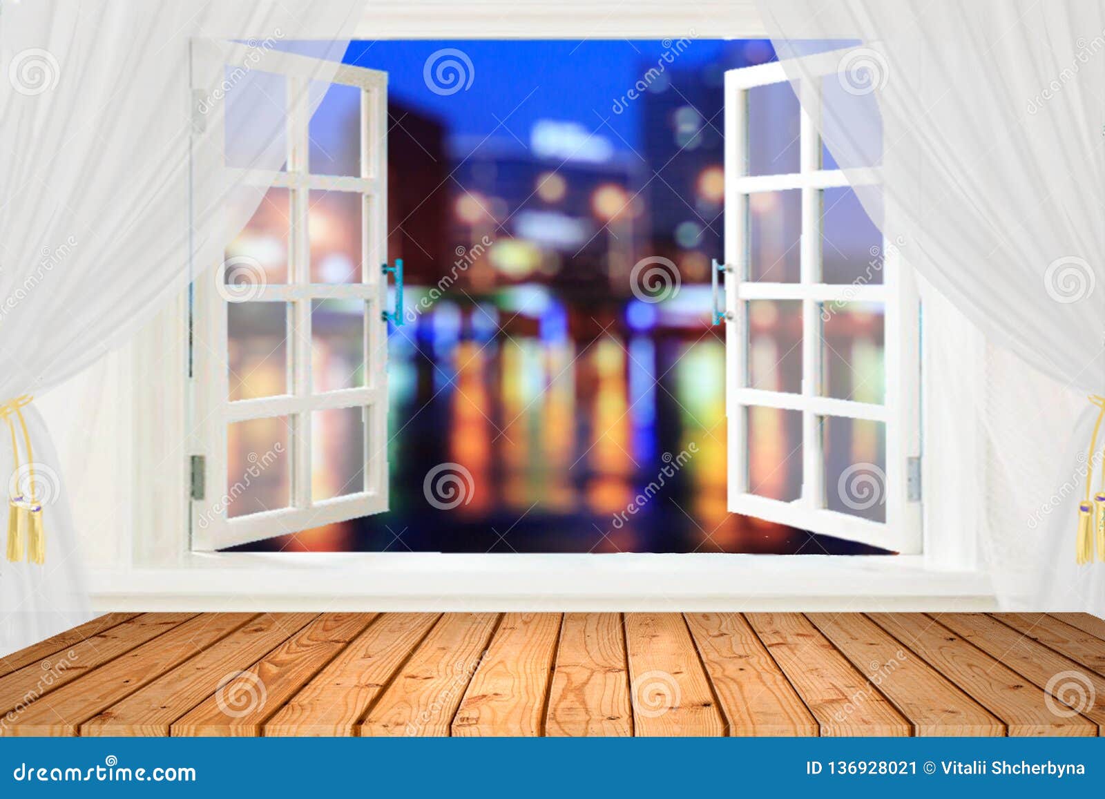Open Window with a View of the Night City, Table for Product Stock ...