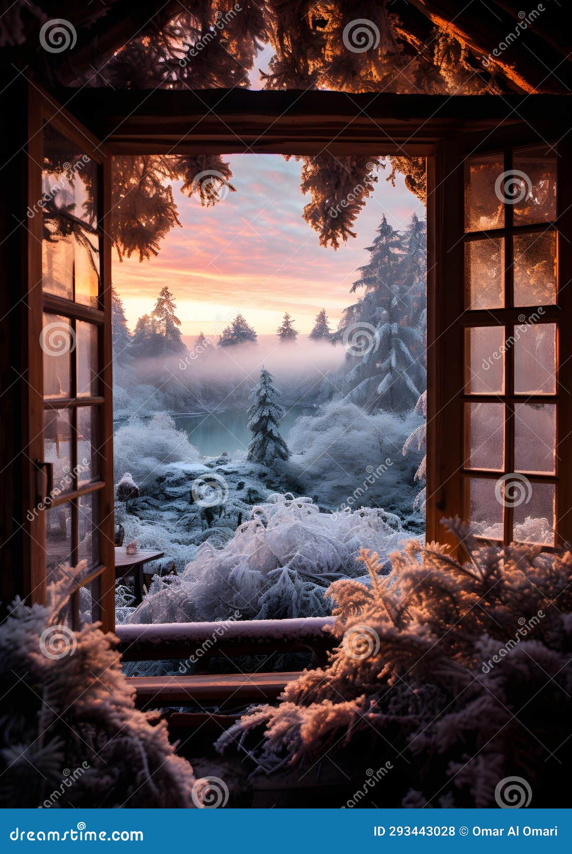 An Open Window with a View of a Snowy Forest.Window View from Wooden ...
