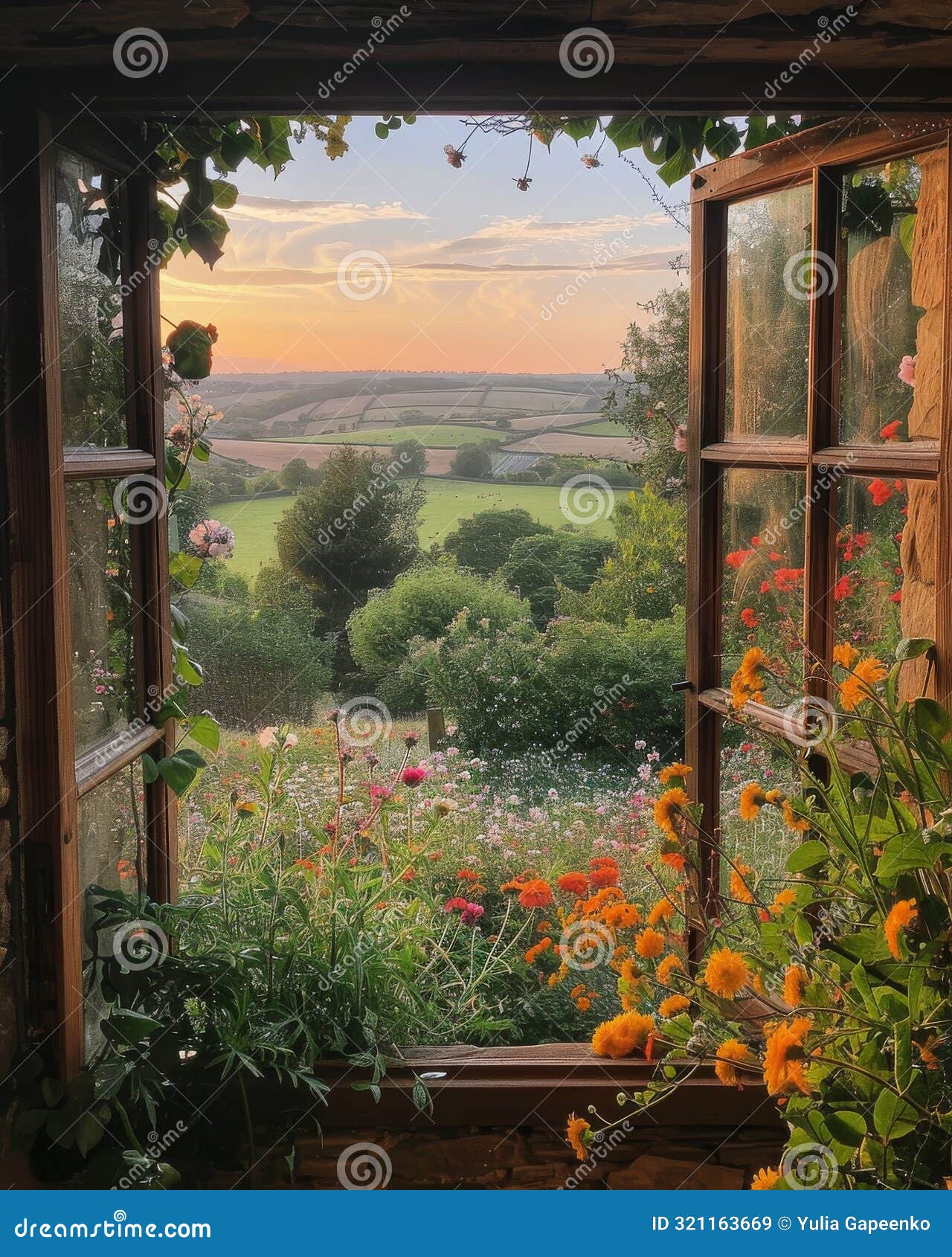 Open Window View of a Sunset Over Rolling Green Hills Stock Image ...