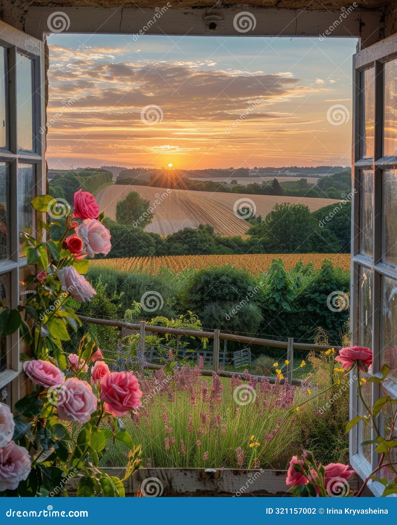 Open Window View of Sunset Over Rural Landscape Stock Photo - Image of ...