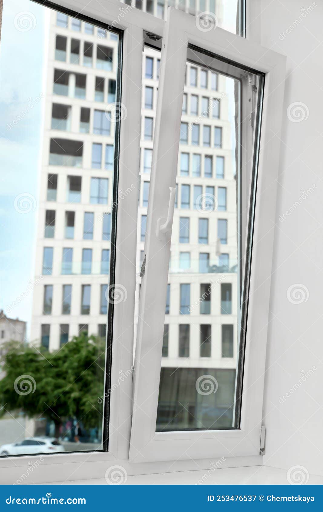 Open Window with White Plastic Frame Indoors Stock Image - Image of ...