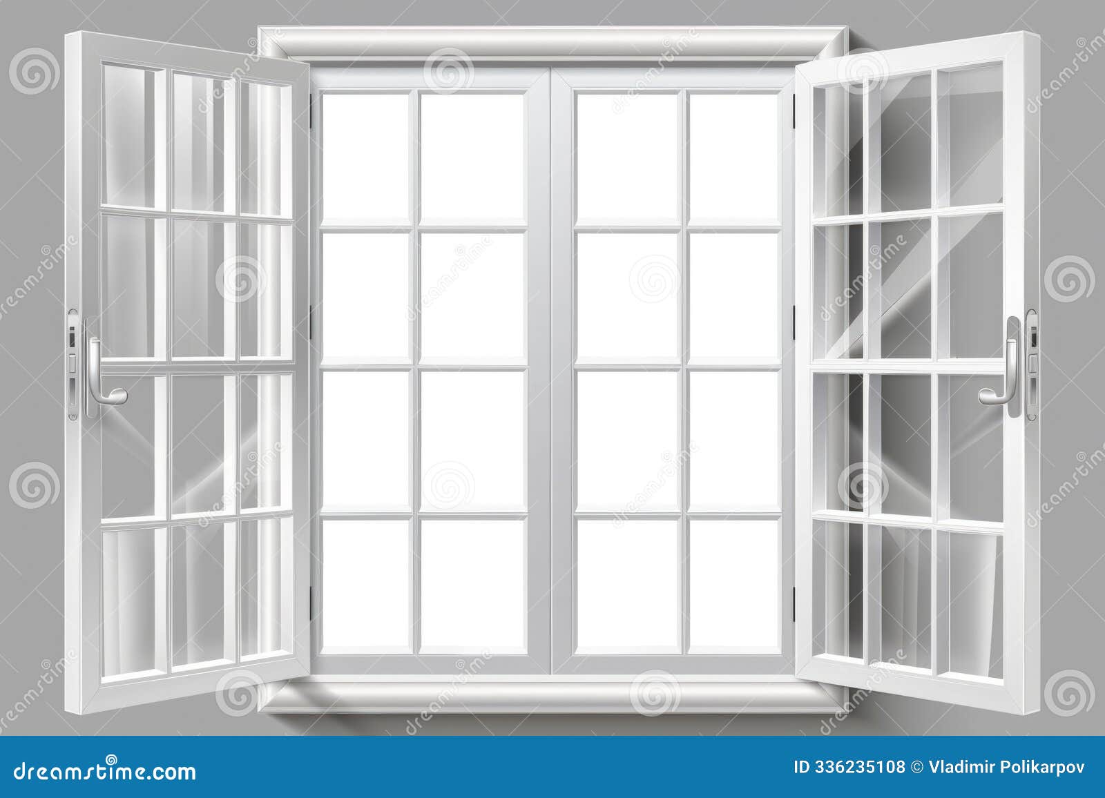 Open Window with White Shutters on a Gray Wall, Perfect for Interior ...