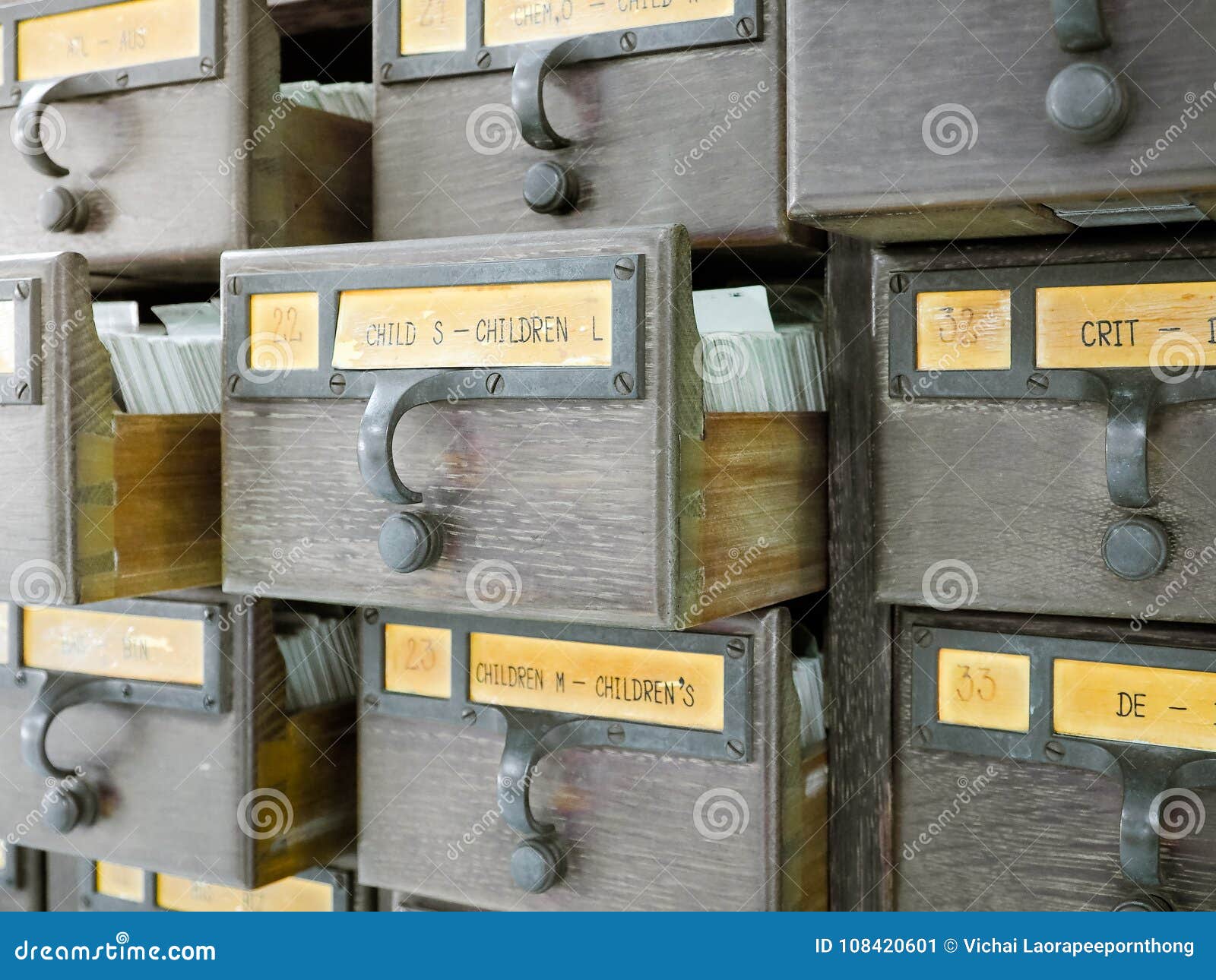 Open Wooden Boxes with Index Cards in Library, Tag Content is `CHILDREN ...