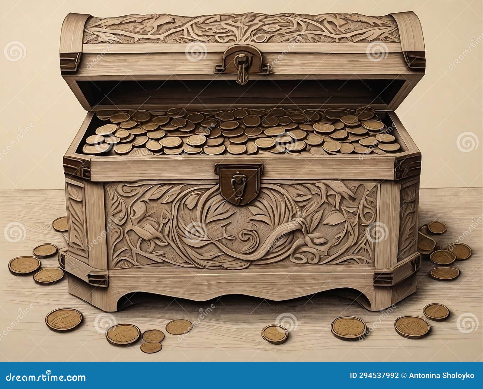 An Open Wooden Chest with Coins Inside and Around. Created by ...