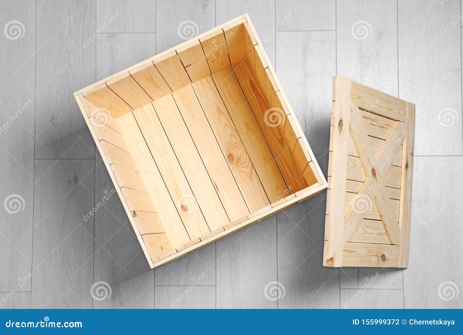 Open wooden crate on floor stock photo. Image of board - 155999372