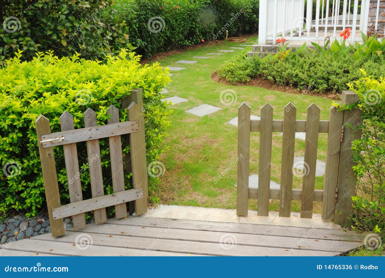 Open wooden gate and fence stock photo. Image of garden - 14765336